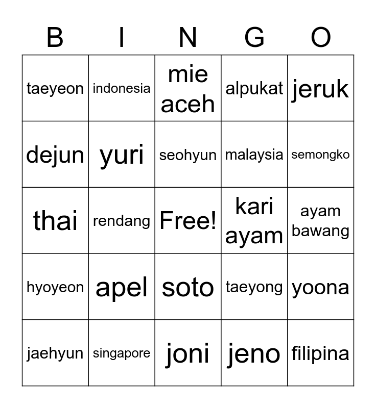 Dejun Bingo Card