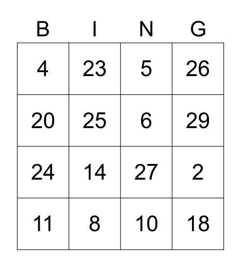 Number 1-30 Bingo Card
