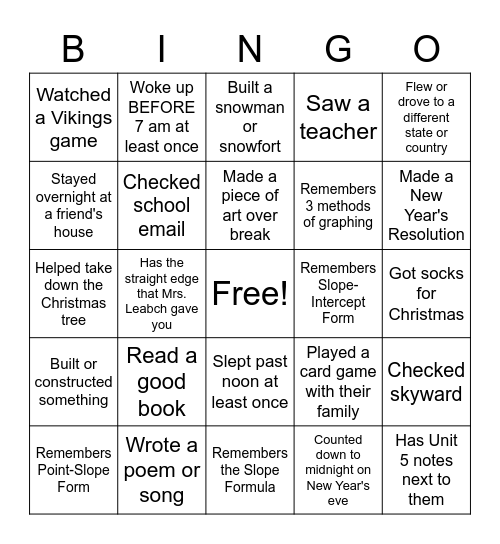 What did you do over break? Bingo Card