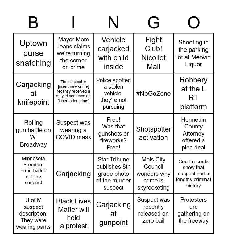 Minneapolis “New Normal” Bingo Card