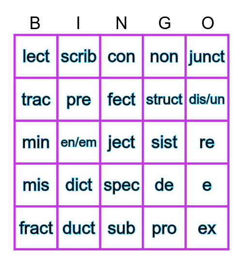Prefix and Latin Root Bingo Card