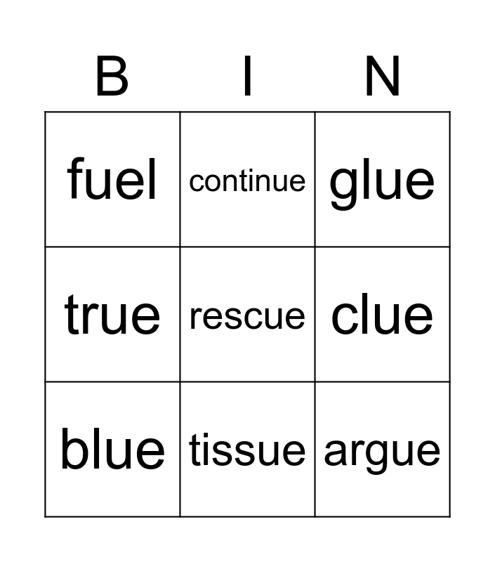 Ue Words Bingo Card