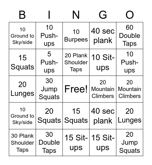 Exercise BINGO! Bingo Card