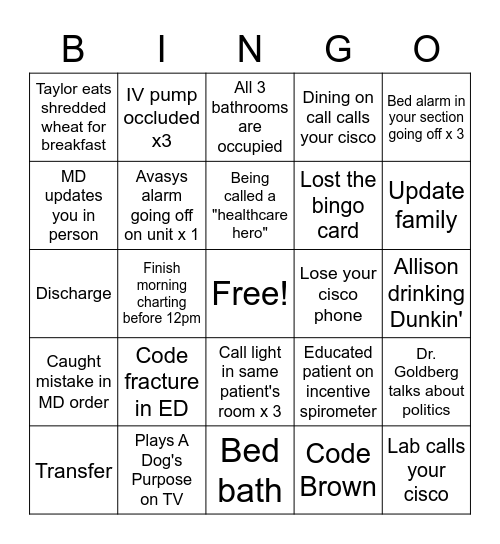 Shift Bingo Card