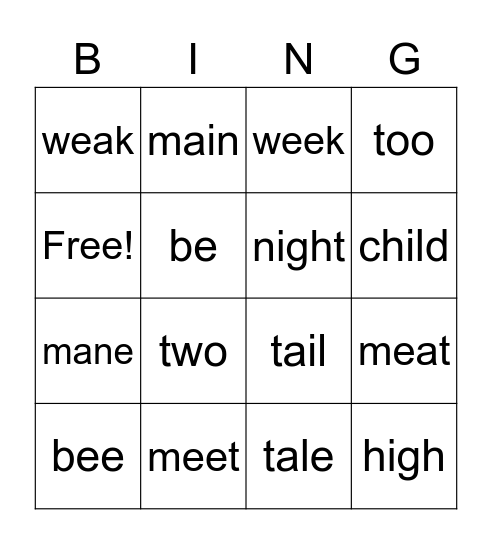Spelling Homophone Words Bingo Card