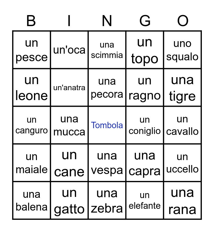 Capitolo 4 - Gli Animali Bingo Card