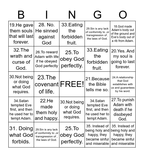 Catechism Bingo R2 Q 18 to 35 Bingo Card