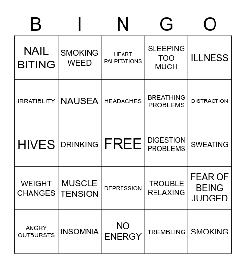 ANXIETY SYMPTOMS RESPONSES Bingo Card