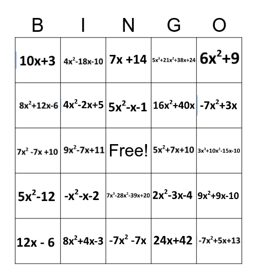 Polynomials Review Bingo Card