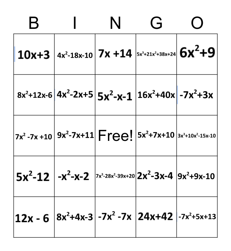 Polynomials Review Bingo Card