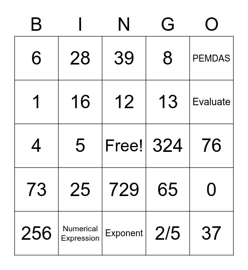 Order of Operations Bingo Card