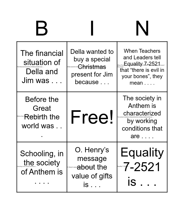 "Restate" Practice for Anthem and The Gift of the Magi Bingo Card