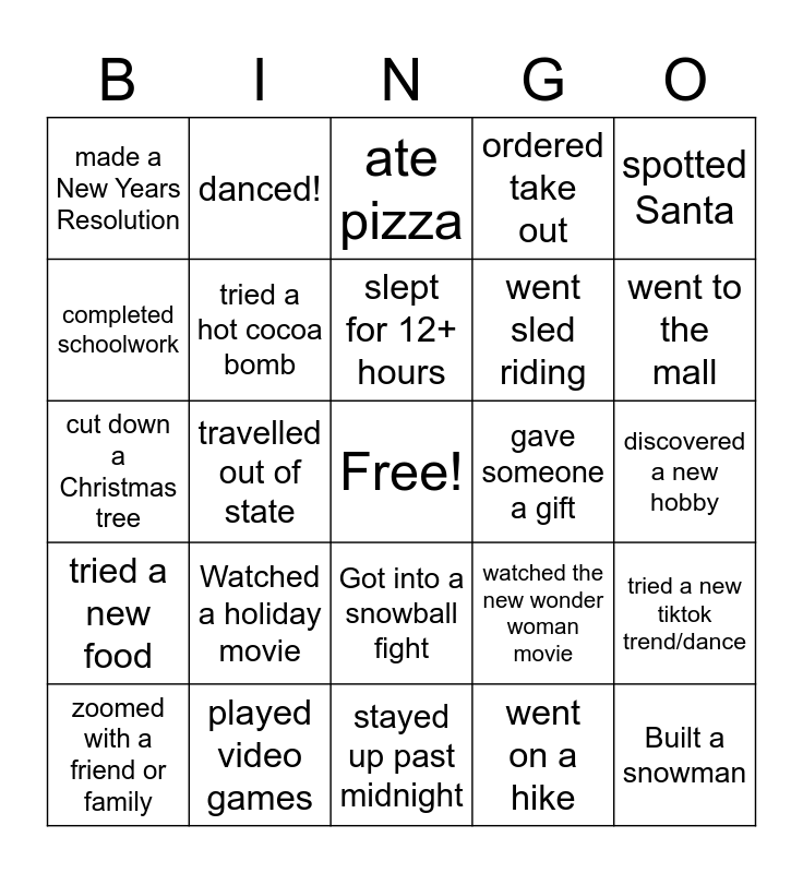 Winter Break Activities Bingo Card Winter Break Activities Bingo Card