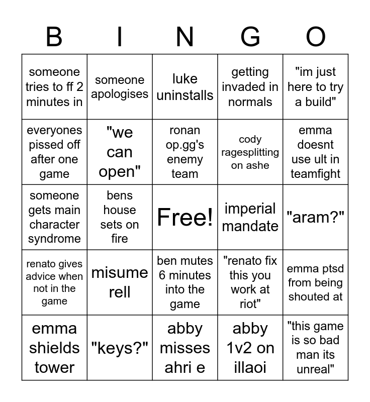 league bingo xx Bingo Card