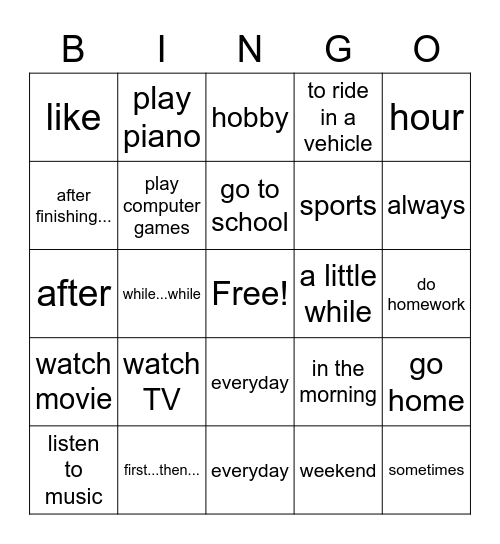 Unit 2 Listening Exercise Bingo Card