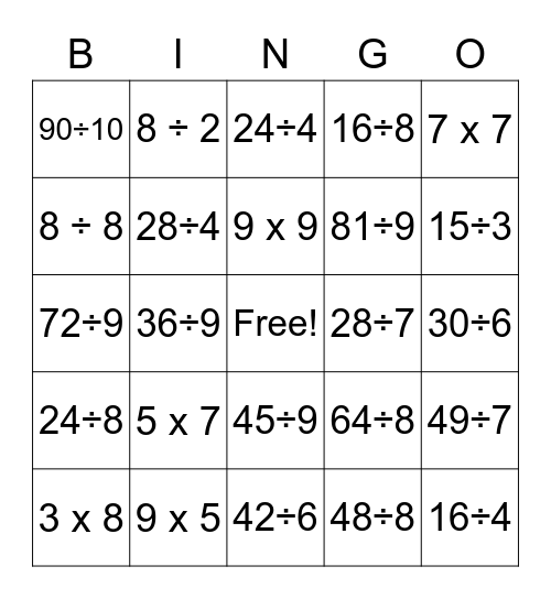Multiplication & Division Bingo Card