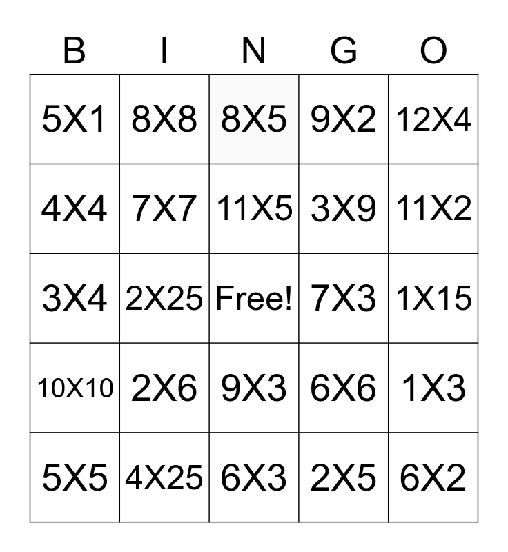 Multiplication Bingo Card Multiplication Bingo Card