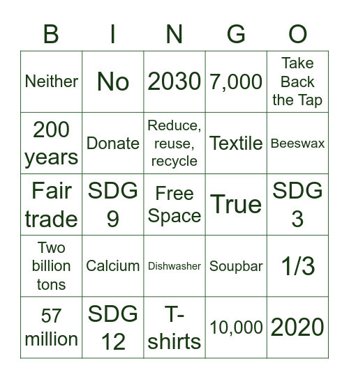 Sustainable Living BINGO Card