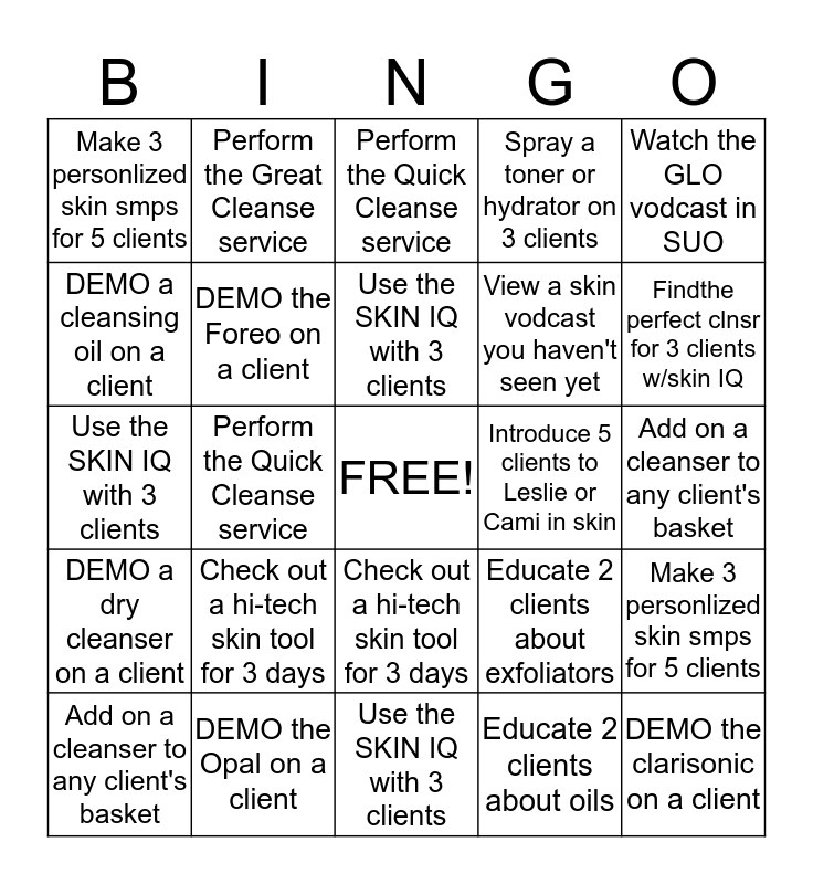 Skin Care Bingo Card