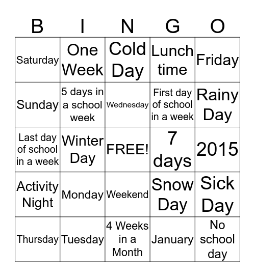 Days of the Week Bingo Card