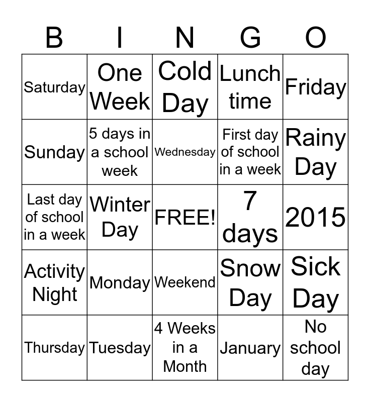 Days of the Week Bingo Card