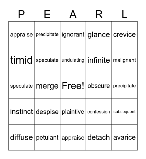 The Pearl Vocab Review Bingo Card