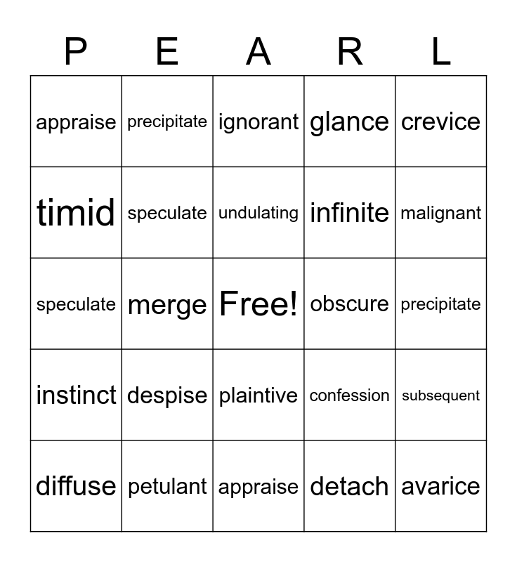 The Pearl Vocab Review Bingo Card