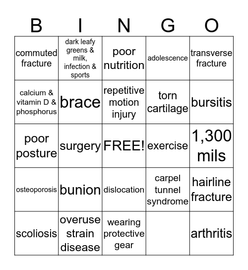 Skeletal System bingo Card