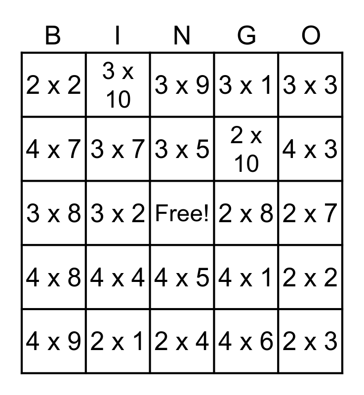 Multiply by 2, 3, 4 Bingo Card