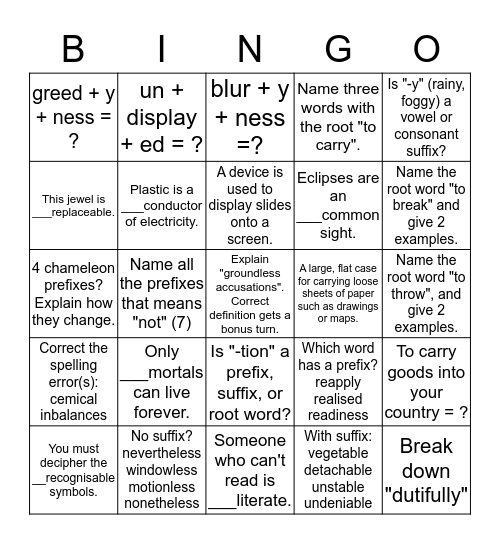 Morphology review Bingo Card