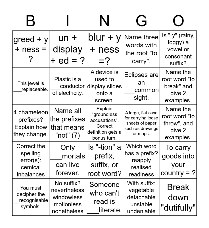 Morphology review Bingo Card