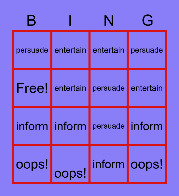 Author's Purpose BINGO Card