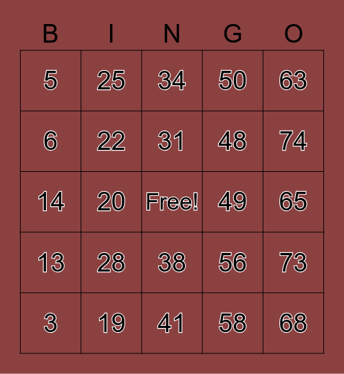 Number Bingo 1-75 Bingo Card