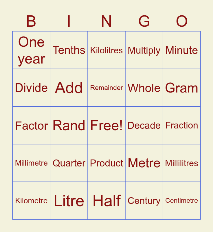 Maths Terminology Bingo Card