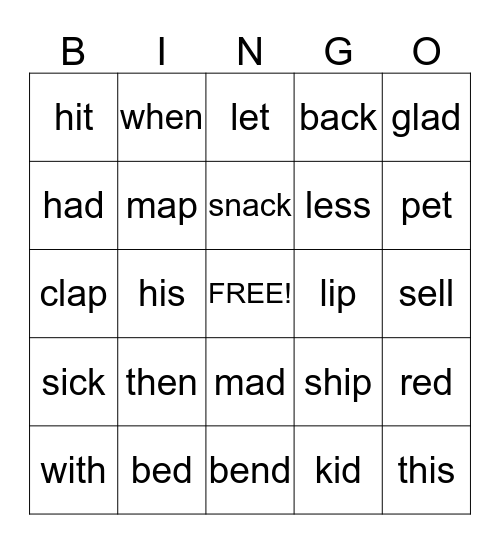 Short Vowel BINGO Card