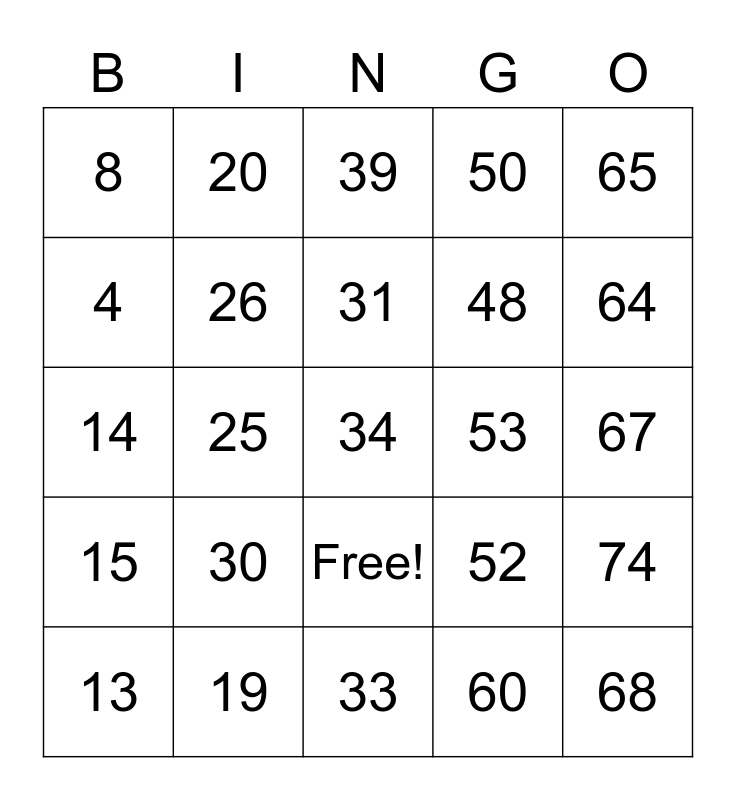 Number Bingo 1-30 Bingo Card