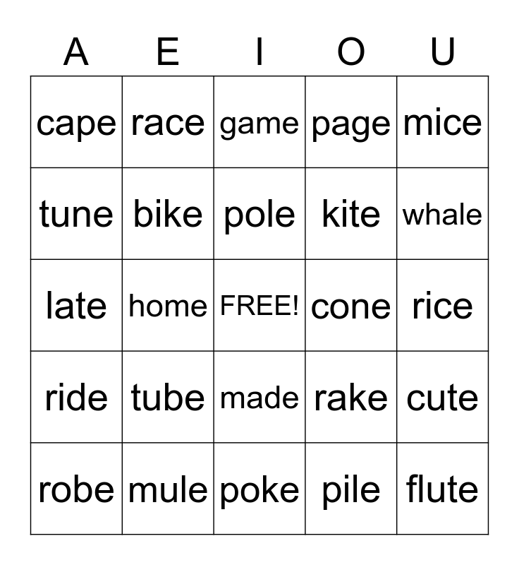 Long Vowels Bingo Card