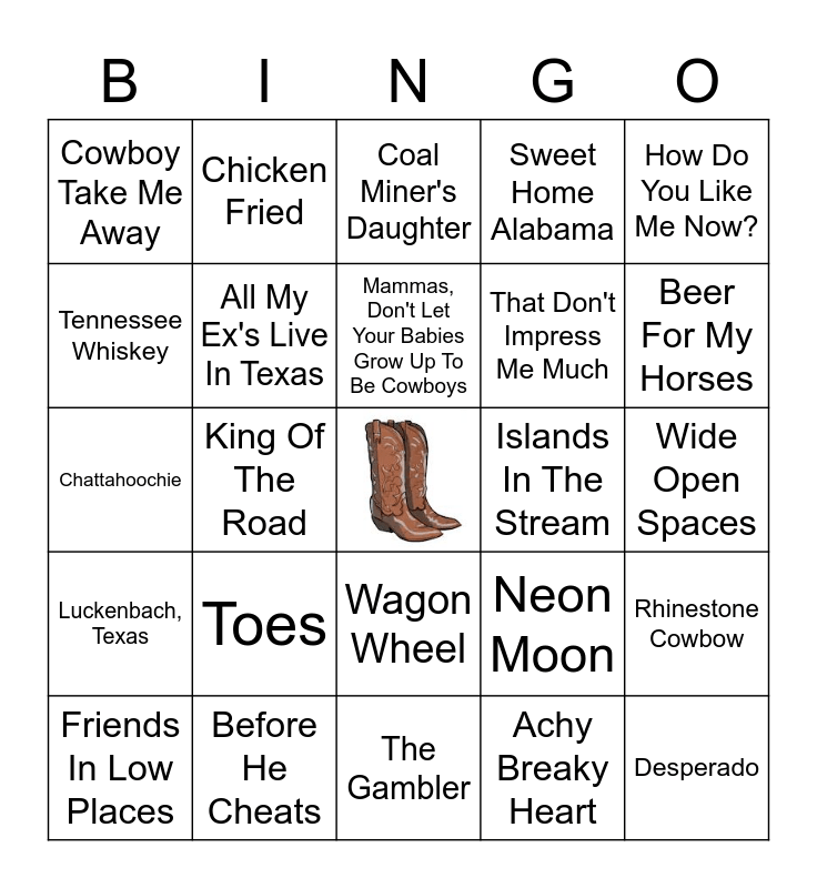 Boot Scootin' Boogie Bingo Card