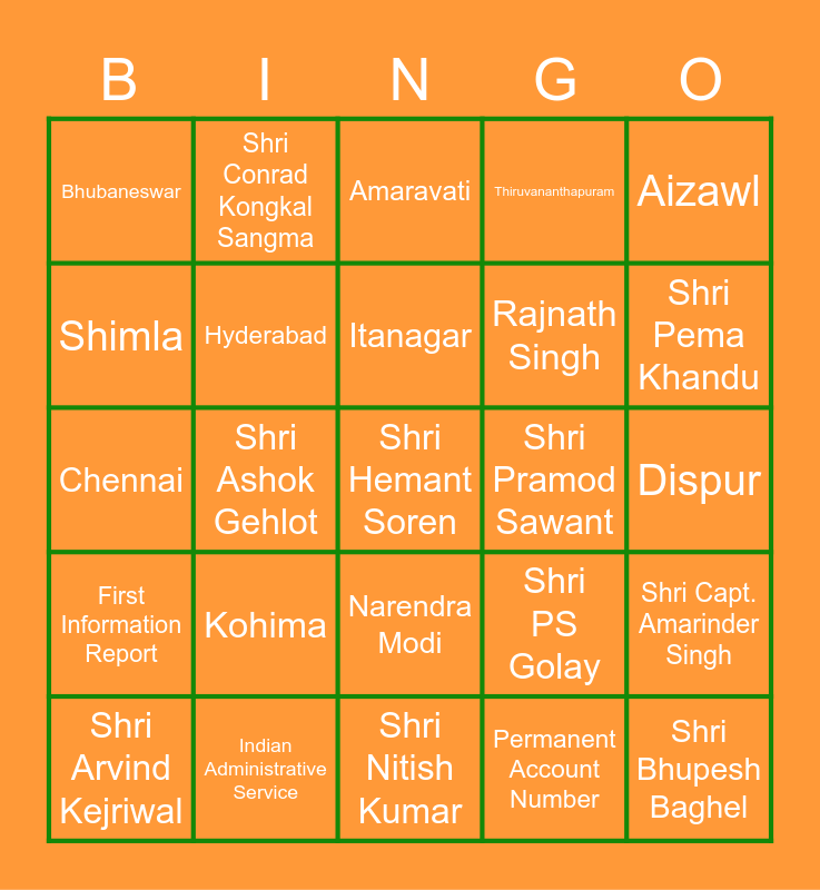 India Bingo Card