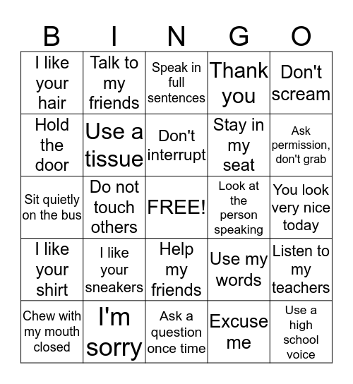 Social Skills Bingo Card