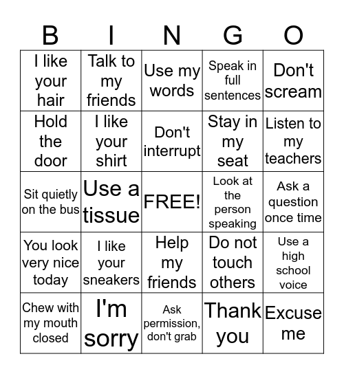 Social Skills Bingo Card