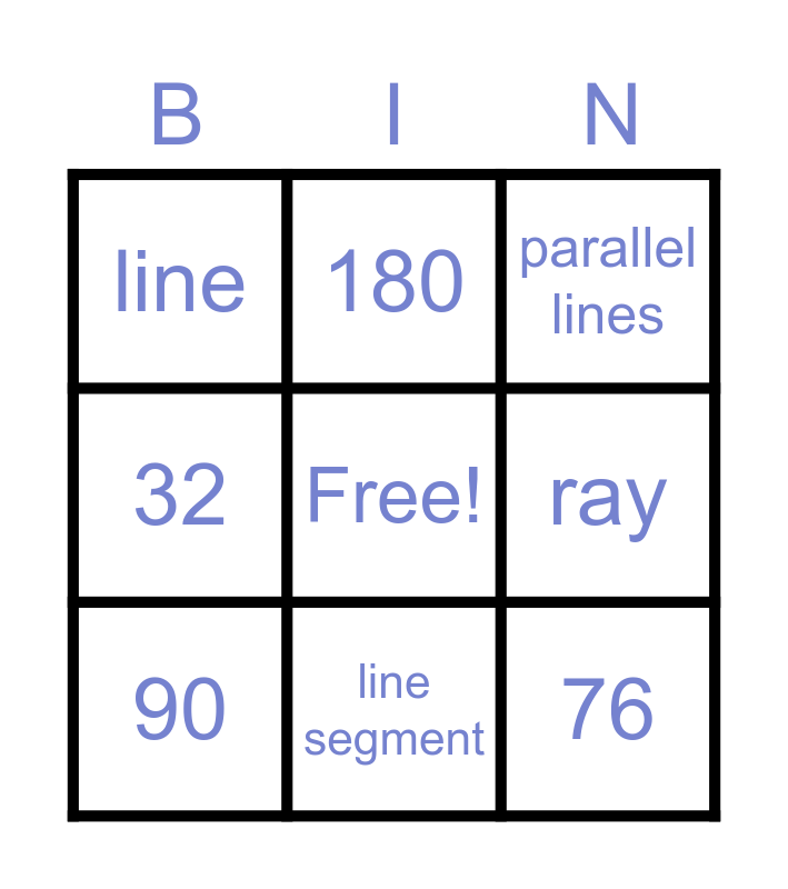 Lines and Angles Bingo Card