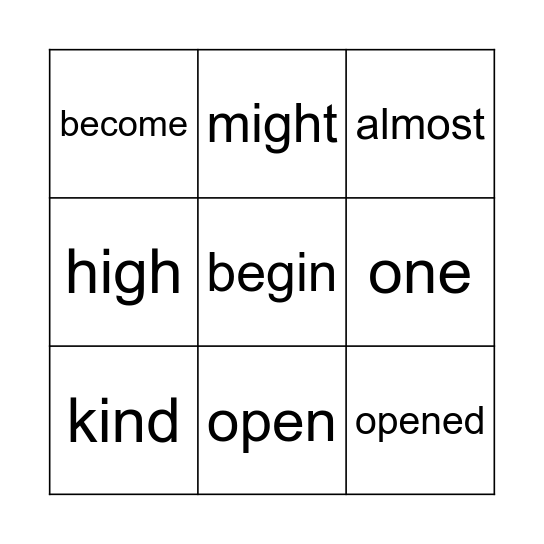 High-Frequency Word Bingo Card