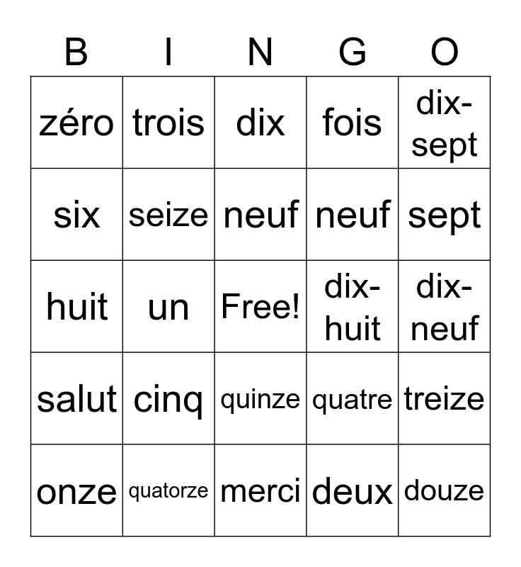 Numbers in French 0-20 6A/6B Bingo Card