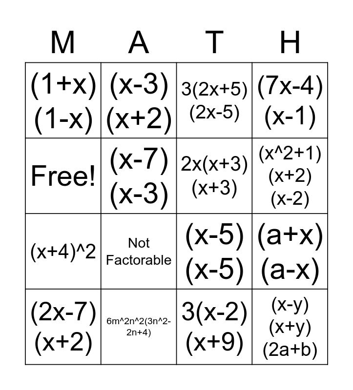 Factoring BINGO Card