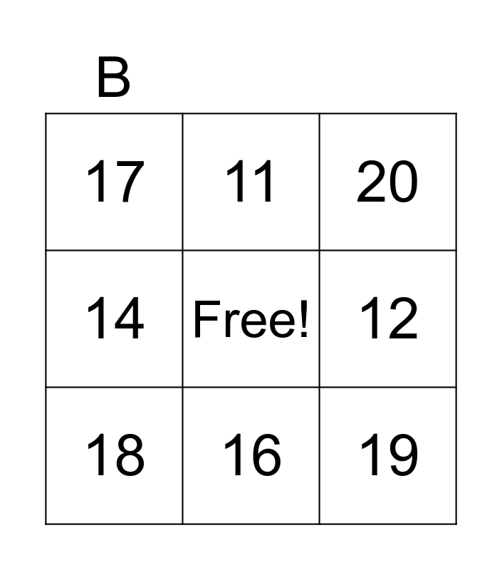 Numbers 10-20 Bongo Bingo Card