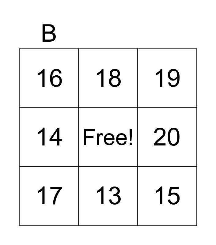 Numbers 10-20 Bingo Card