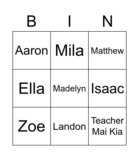 Names Bingo Card