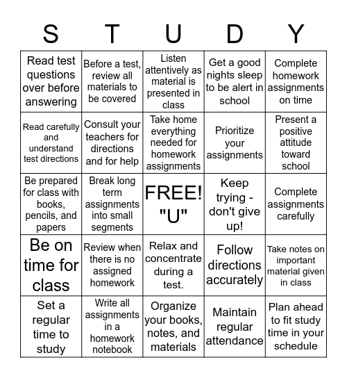 Study Skills Bingo Card