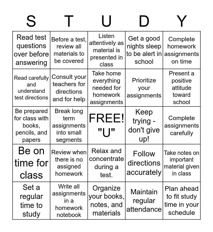 Study Skills Bingo Card